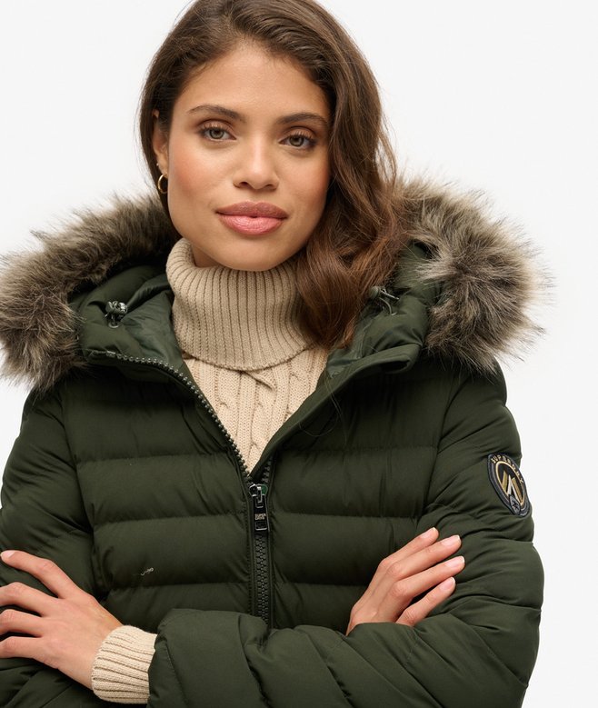 womens Fuji Faux Fur Hood Mid Length Puffer Coat in Surplus Goods Olive ...