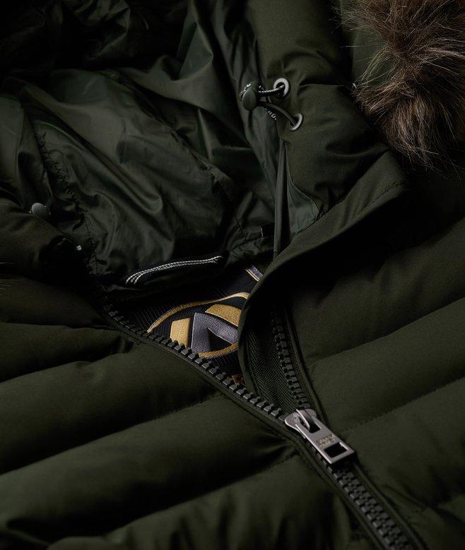 womens Fuji Faux Fur Hood Mid Length Puffer Coat in Surplus Goods Olive ...