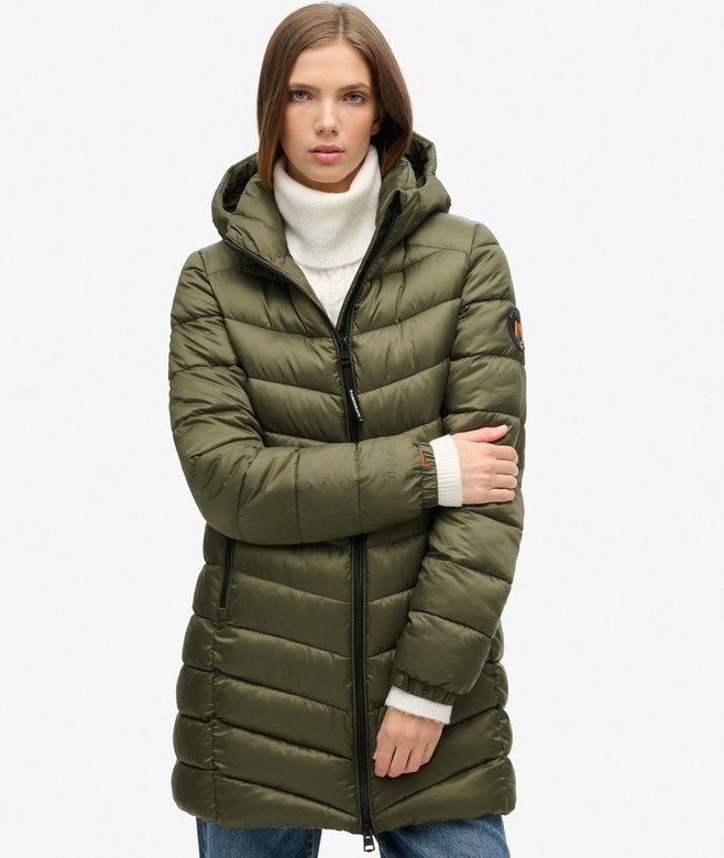 womens Hooded Fuji Mid Padded Coat in Dusty Olive Green | Superdry UK