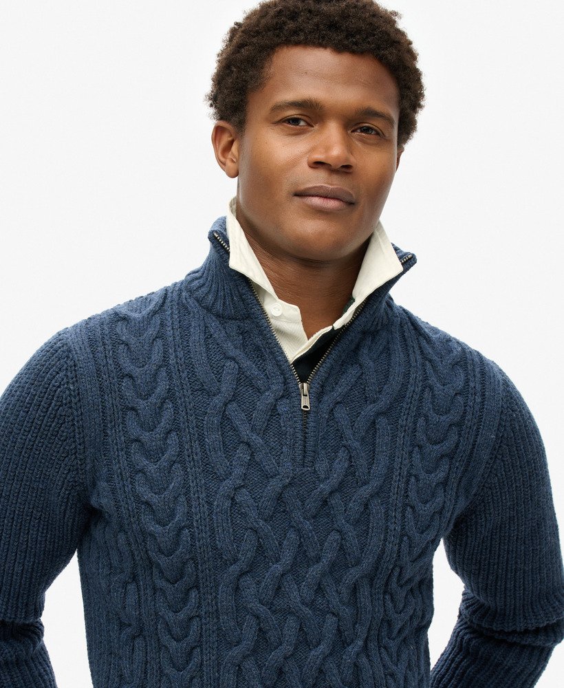 mens Jacob Cable Knit Half Zip Jumper in INDIGO | Superdry US