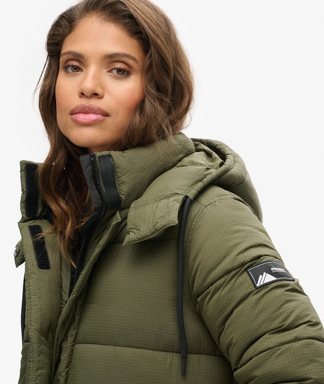 womens Ripstop Longline Puffer Coat in Football Dark Moss Grid ...
