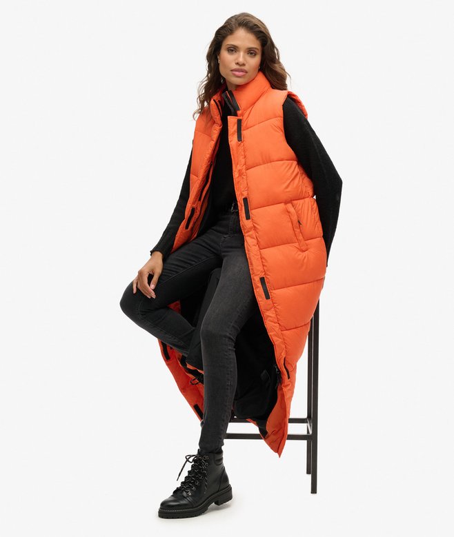 womens Ripstop Longline Puffer Gilet in Orange Grid | Superdry UK