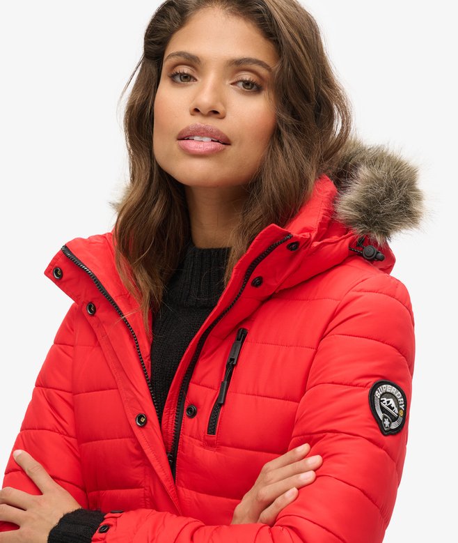 womens Faux Fur Hooded Mid Length Puffer Jacket in High Risk Red ...