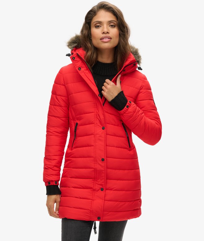 womens Faux Fur Hooded Mid Length Puffer Jacket in High Risk Red ...