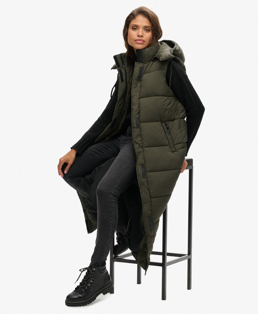 womens Hooded Ripstop Longline Gilet in Black Grid | Superdry UK