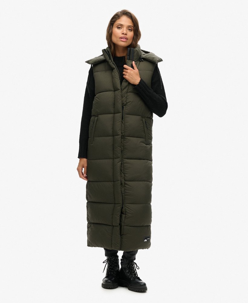 womens Hooded Ripstop Longline Gilet in Black Grid | Superdry UK