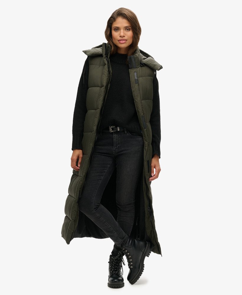 womens Hooded Ripstop Longline Gilet in Black Grid | Superdry UK