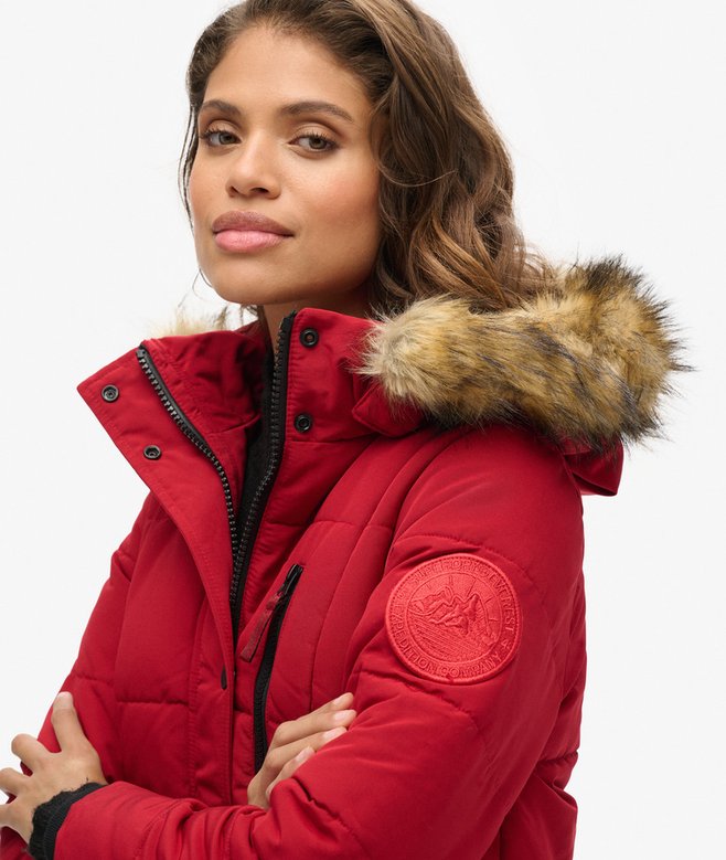 Dames Lange Everest jas met imitatiebont in red | Superdry BE-NL