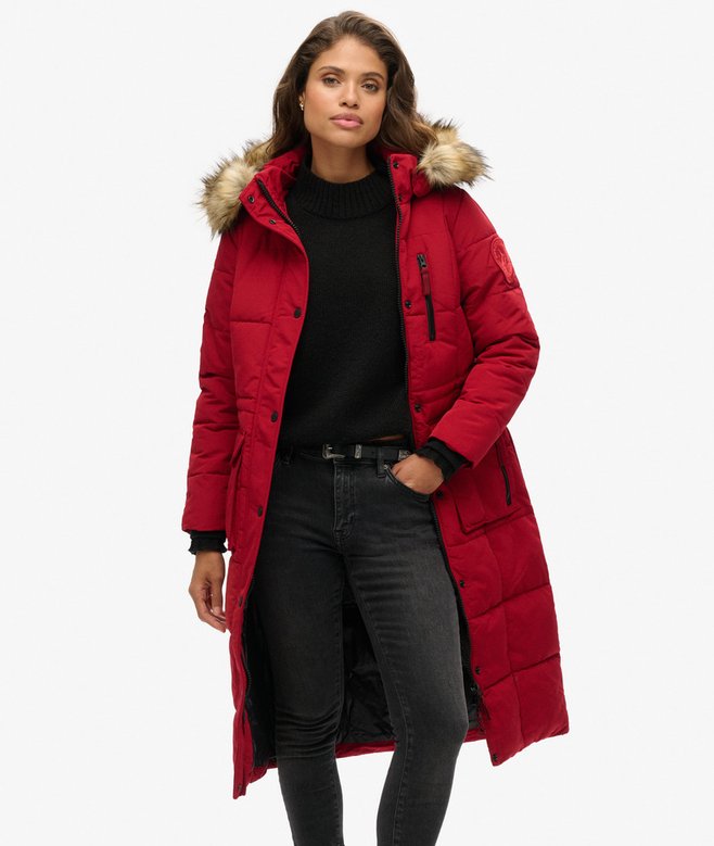 Dames Lange Everest jas met imitatiebont in red | Superdry BE-NL
