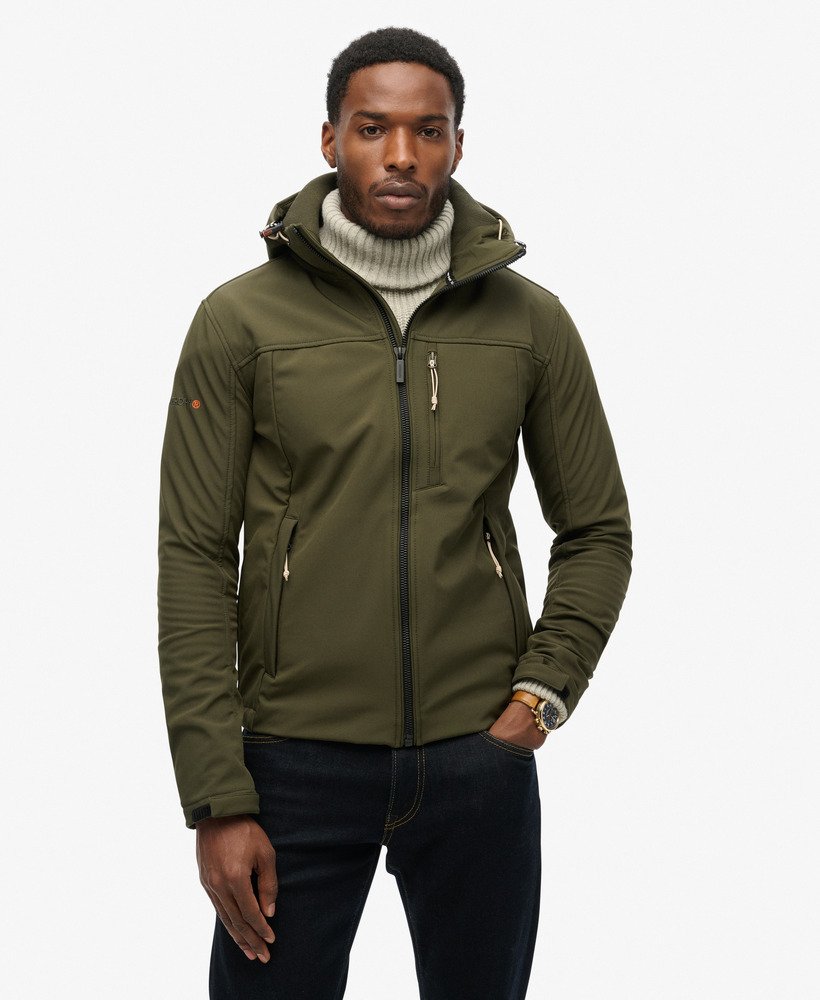 mens Hooded Soft Shell Trekker Jacket in Army Khaki | Superdry US