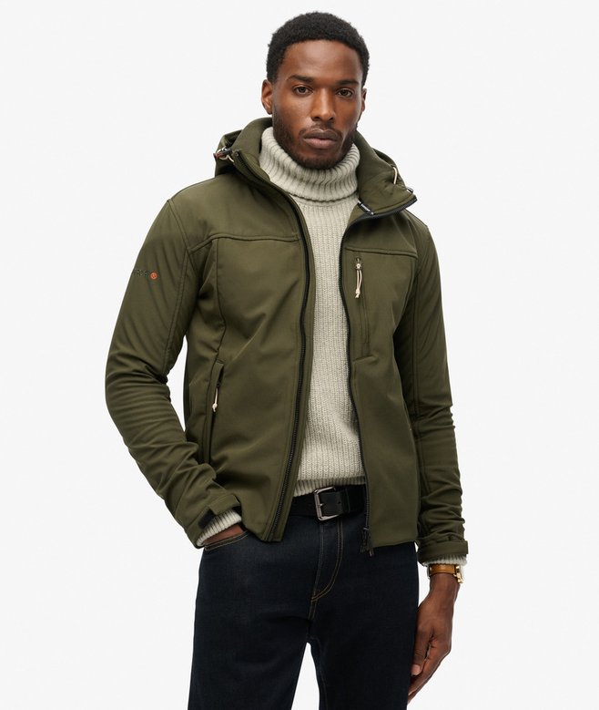 mens Hooded Soft Shell Trekker Jacket in Army Khaki | Superdry UK