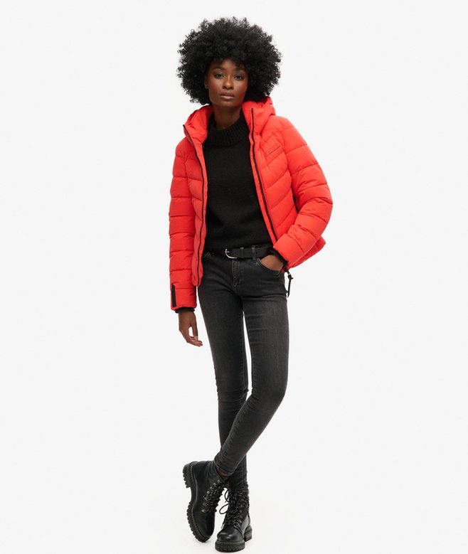 womens Hooded Microfibre Padded Jacket in Sunset Red | Superdry UK