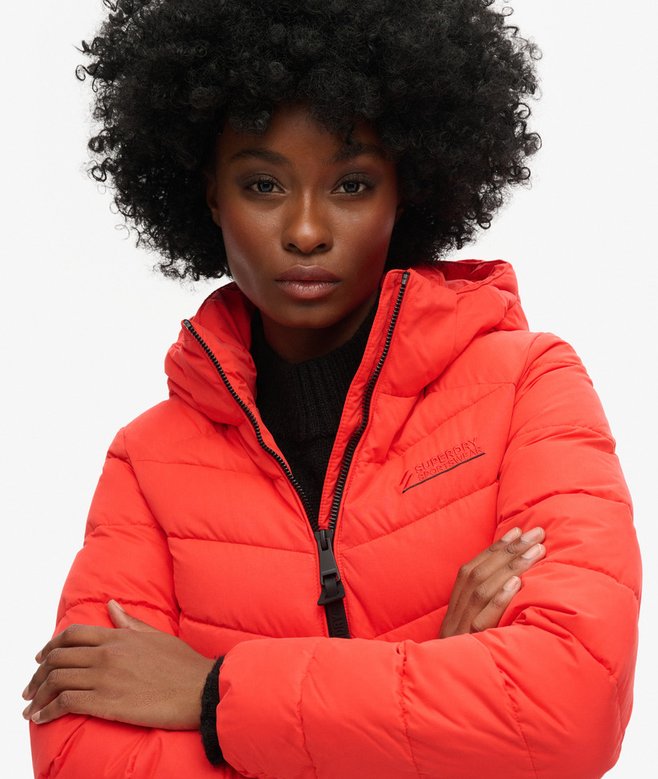 womens Hooded Microfibre Padded Jacket in Sunset Red | Superdry UK