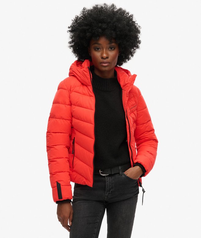 womens Hooded Microfibre Padded Jacket in Sunset Red | Superdry UK