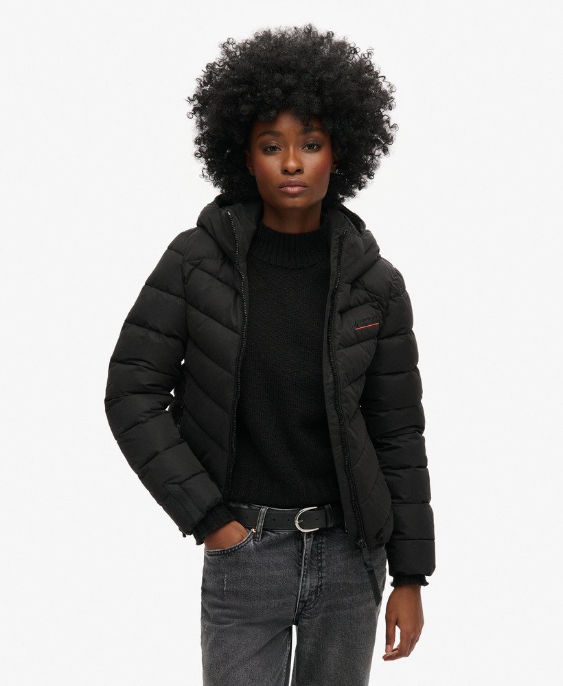 womens Hooded Microfibre Padded Jacket in Black | Superdry UK