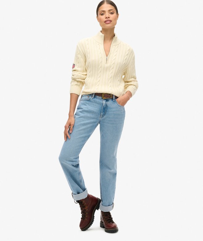 womens Knitted Rugby Half Zip Jumper in Cable Cream | Superdry UK