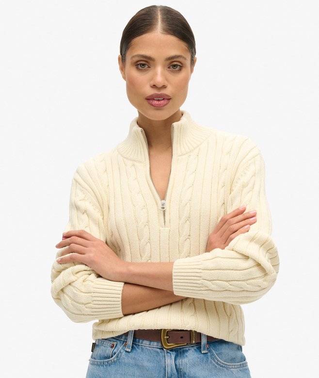 womens Knitted Rugby Half Zip Jumper in Cable Cream | Superdry UK