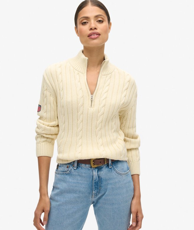 womens Knitted Rugby Half Zip Jumper in Cable Cream | Superdry UK