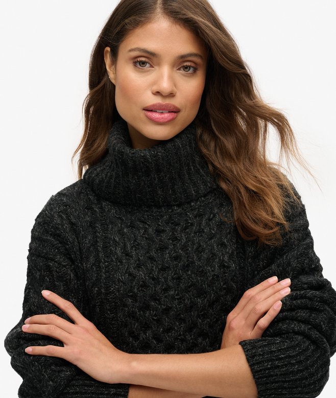 womens Roll Neck Cable Jumper Dress in BLACK TWIST | Superdry UK