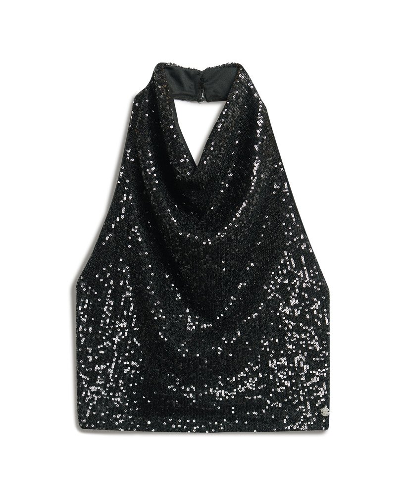 womens Cowl Halter Neck Sequin Top in Black Plain Sequin | Superdry UK