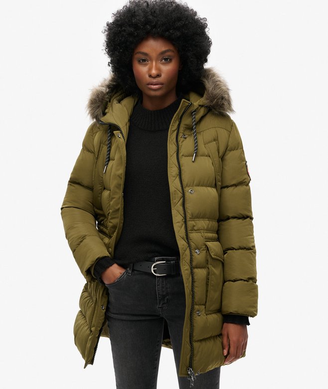 womens Everest Mid Faux Fur Puffer Coat in grey marl/jaffa | Superdry UK