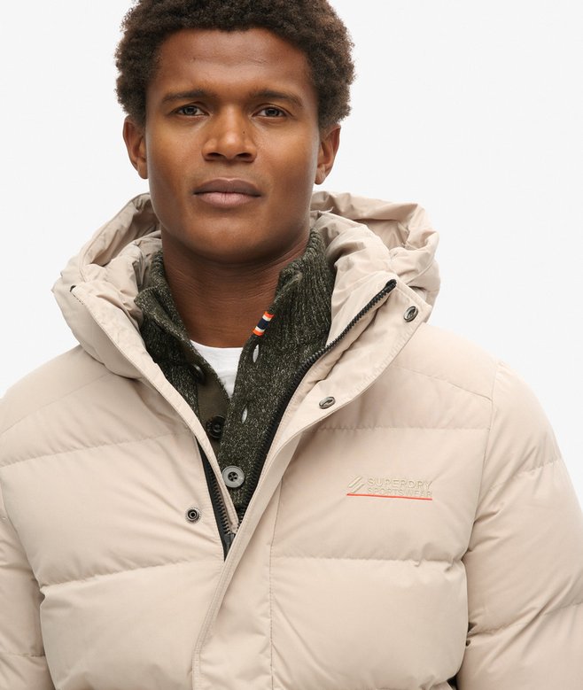 mens Hooded Microfibre Sports Puffer Jacket in Chateau Beige | Superdry US