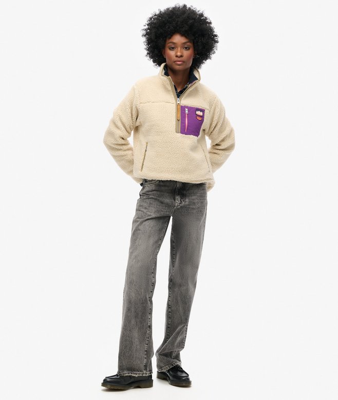 womens Vintage Retro Half Zip Fleece Jumper in Oatmeal Beige | Superdry UK