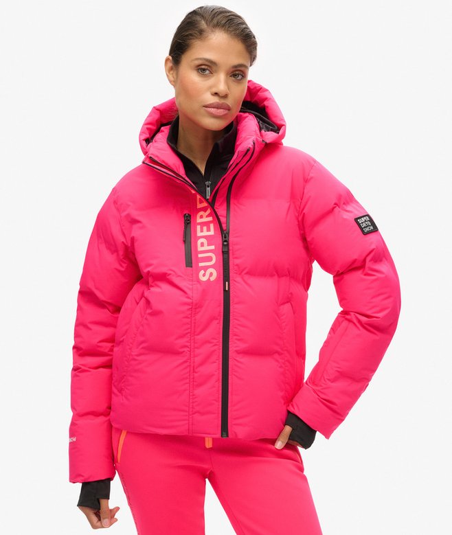 womens Hooded Ski Boxy Puffer Jacket in HYPER FIRE PINK | Superdry UK