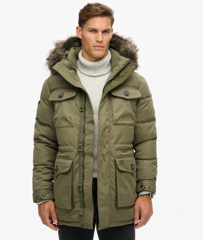 mens Chinook Faux Fur Parka Coat in Dusty Olive Green | Superdry UK