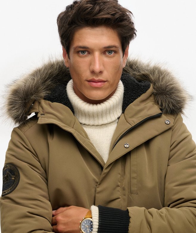 mens Hooded Everest Puffer Bomber Jacket in Military Olive | Superdry UK