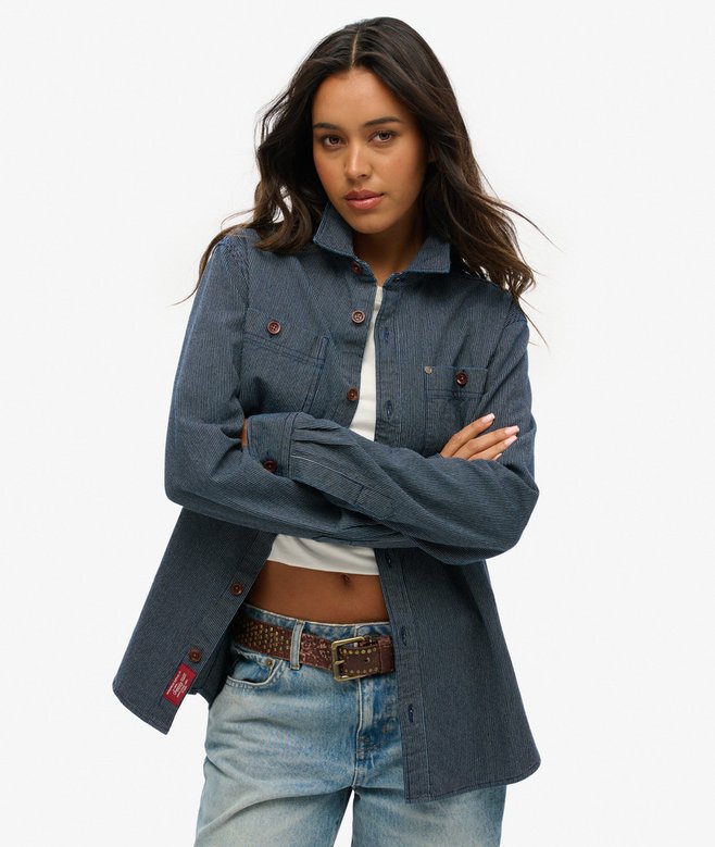 womens The Merchant Store - Oversized Denim Overshirt in Indigo Stripe ...
