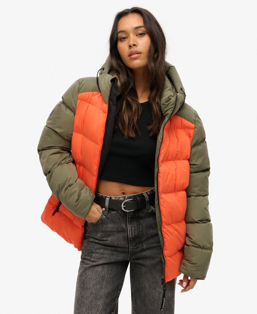 womens Oversized Colour Block Sport Puffer Jacket in Khaki Colourblock ...
