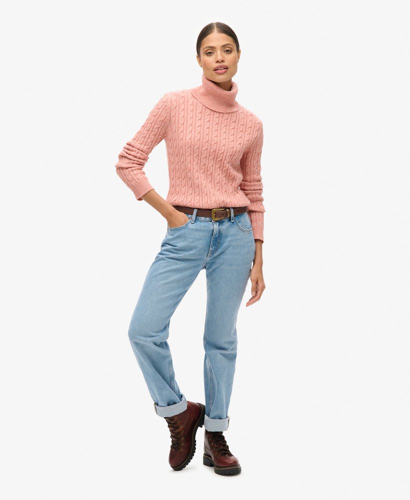 womens Fitted Cable Roll Neck Jumper in Dusty Rose | Superdry UK