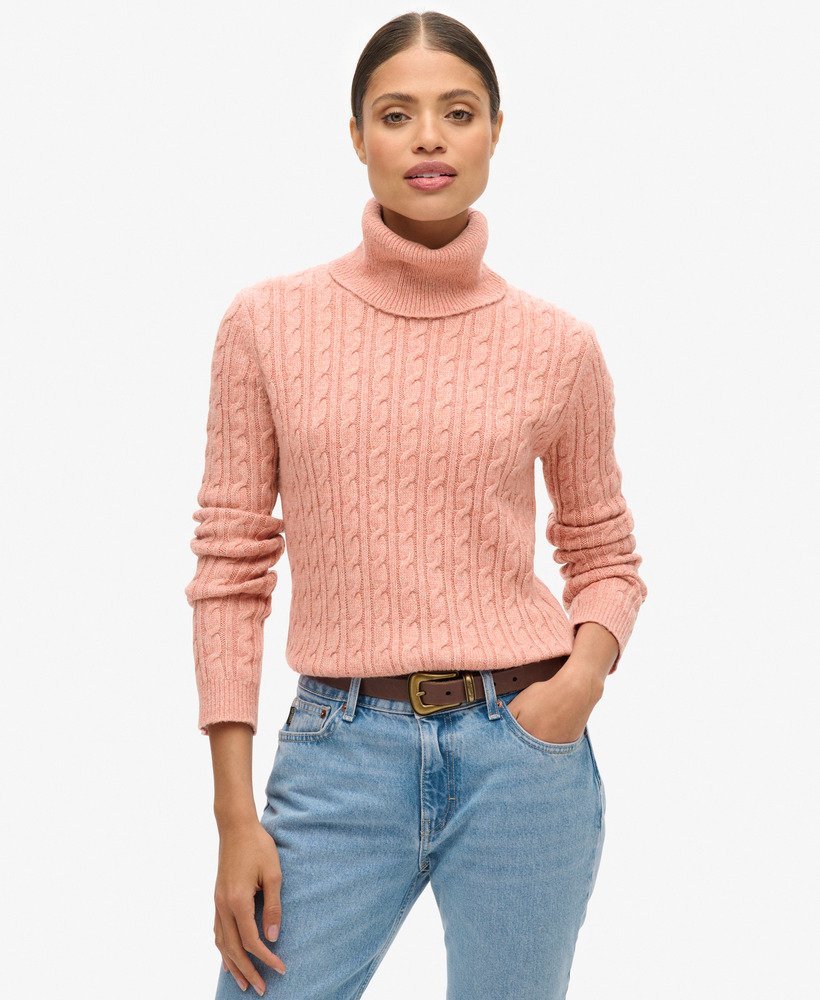 womens Fitted Cable Roll Neck Jumper in Dusty Rose | Superdry UK