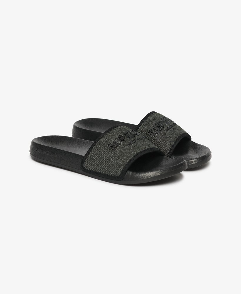 womens Rhinestone Luxe Pool Sliders in Black | Superdry UK