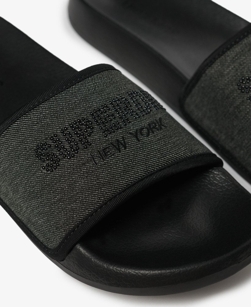 womens Rhinestone Luxe Pool Sliders in Black | Superdry UK