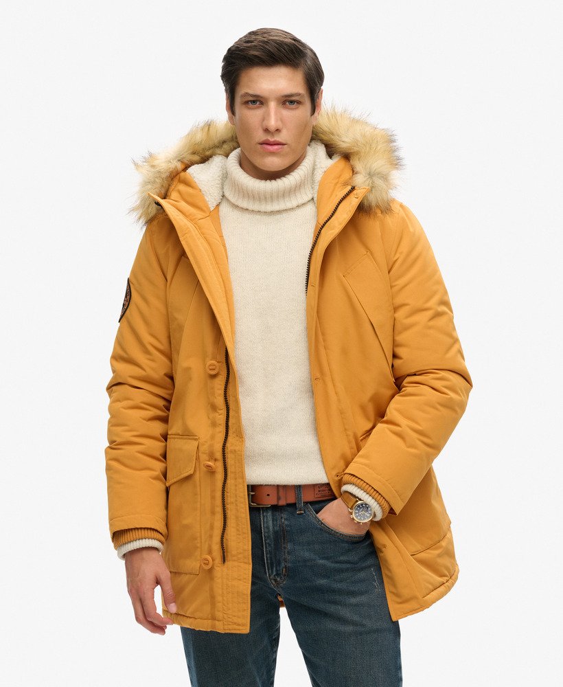 mens Everest Faux Fur Hooded Parka Coat in Mustard Yellow | Superdry US