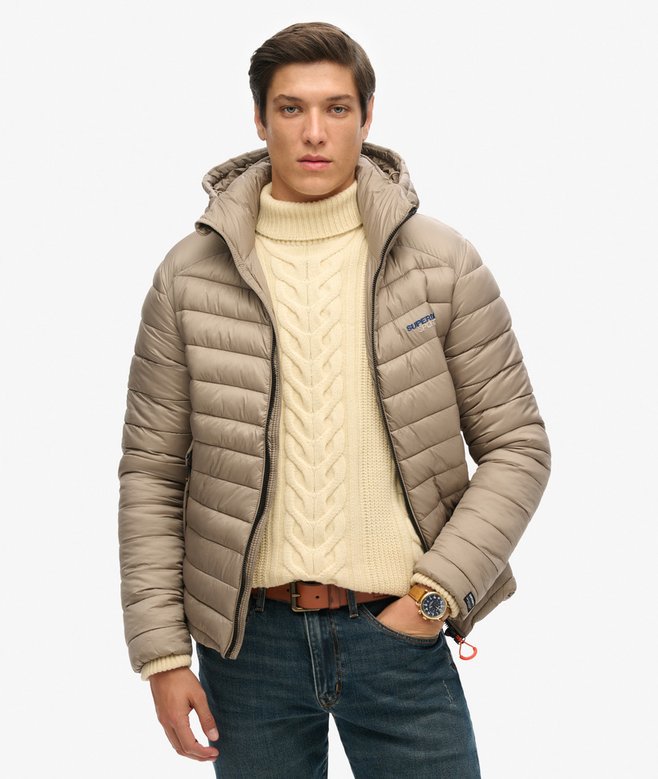 mens Hooded Fuji Padded Jacket in Deep Beige Slub | Superdry UK