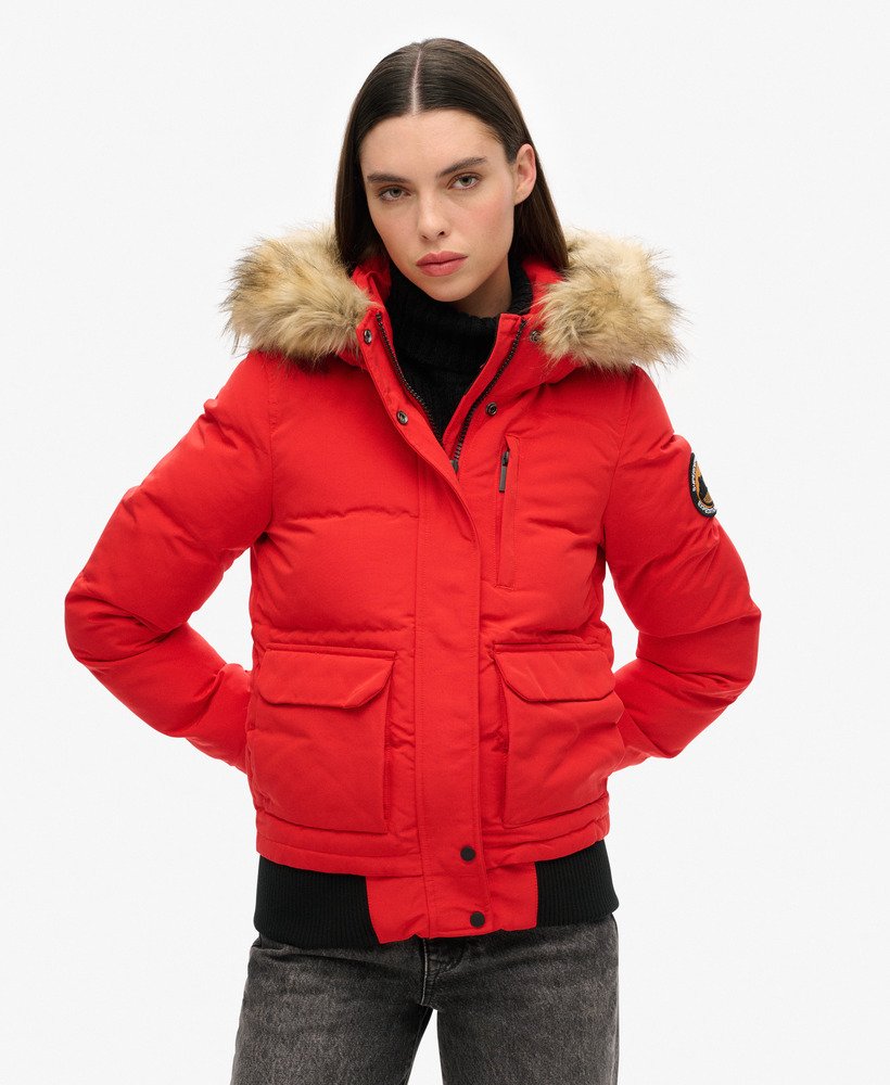 womens Everest Hooded Puffer Bomber Jacket in High Risk Red | Superdry US