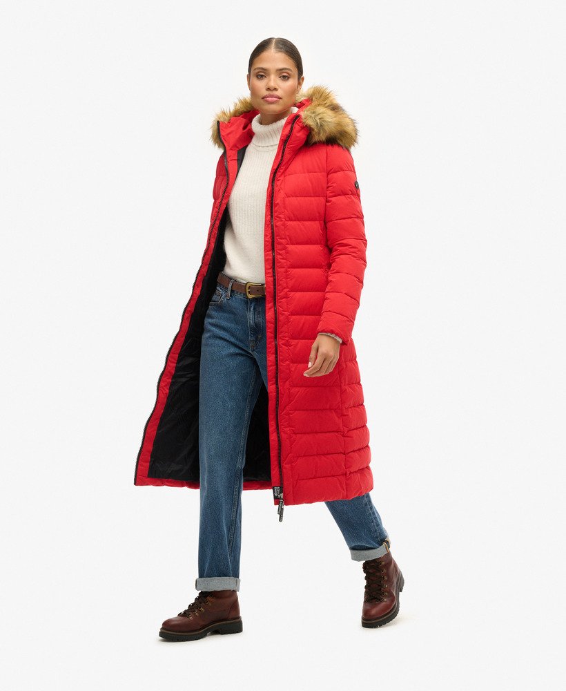 womens Arctic Longline Puffer Coat in High Risk Red | Superdry US