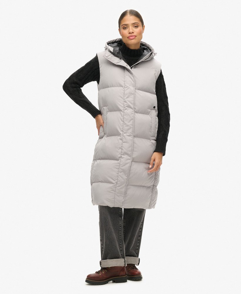 womens Longline Hooded Padded Gilet in FLAT GREY | Superdry UK