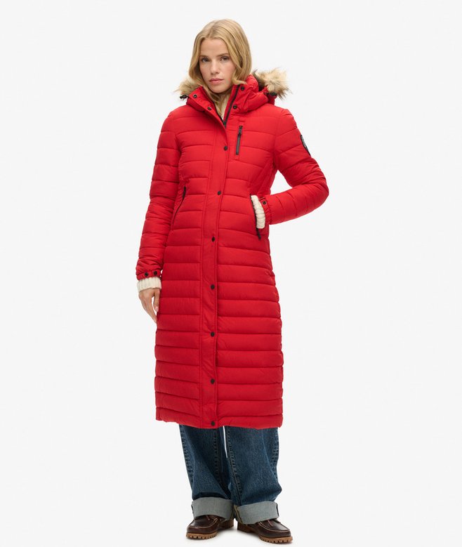 womens Fuji Hooded Longline Puffer Coat in VARSITY RED | Superdry US