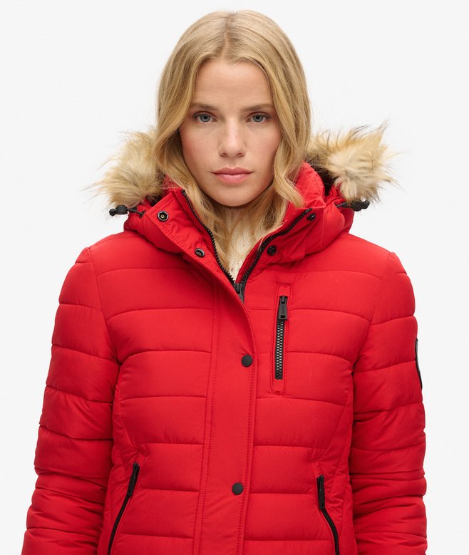 womens Fuji Hooded Longline Puffer Coat in VARSITY RED | Superdry US