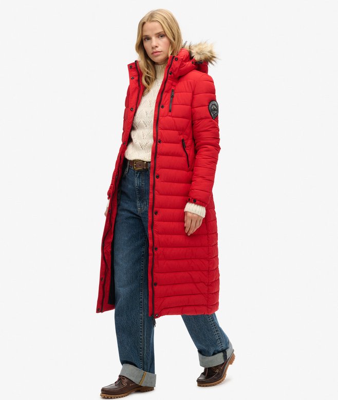 womens Fuji Hooded Longline Puffer Coat in VARSITY RED | Superdry UK