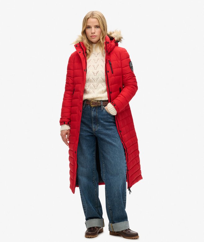 womens Fuji Hooded Longline Puffer Coat in VARSITY RED | Superdry US