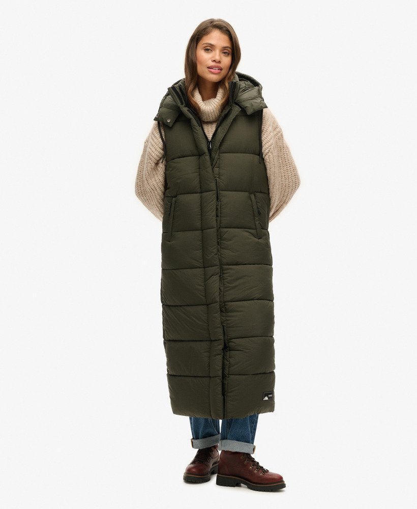 womens Hooded Ripstop Longline Gilet in Khaki Grid | Superdry UK