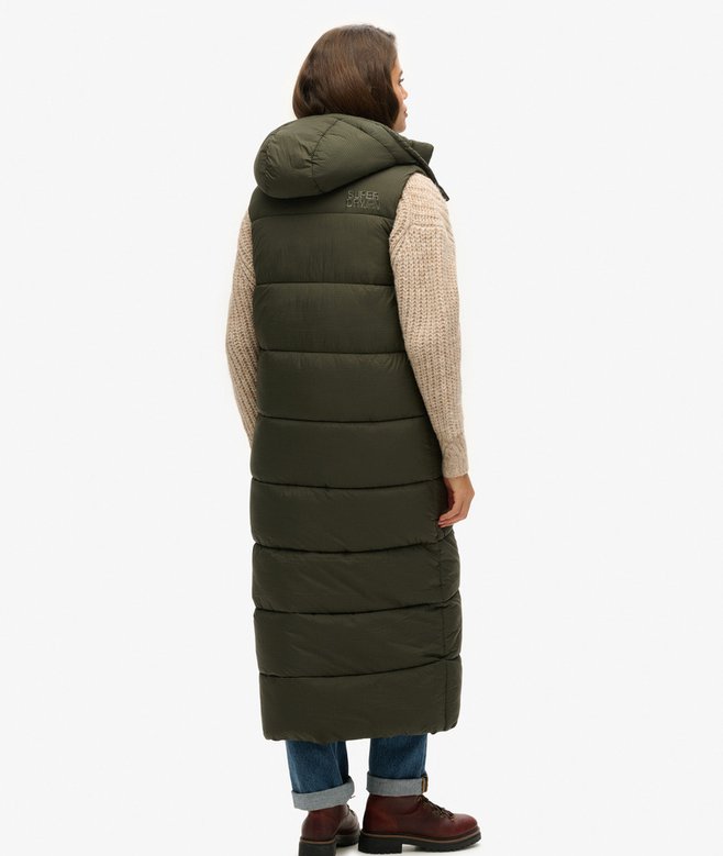 womens Hooded Ripstop Longline Gilet in Khaki Grid | Superdry UK