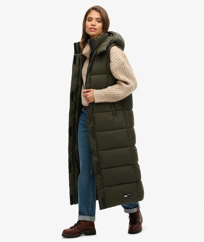 womens Hooded Ripstop Longline Gilet in Khaki Grid | Superdry UK