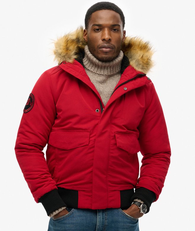 mens Hooded Everest Puffer Bomber Jacket in DEEP RED | Superdry UK