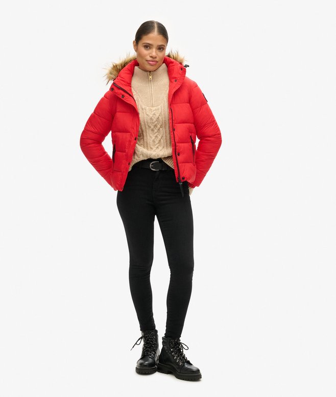 womens Faux Fur Short Hooded Puffer Jacket in High Risk Red | Superdry UK